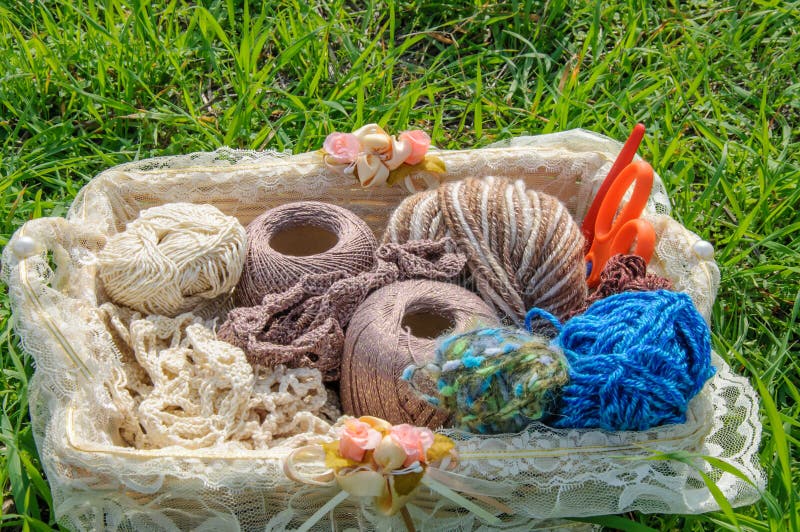 Knitting Yarn in Basket on Green Grass Stock Image - Image of craft ...