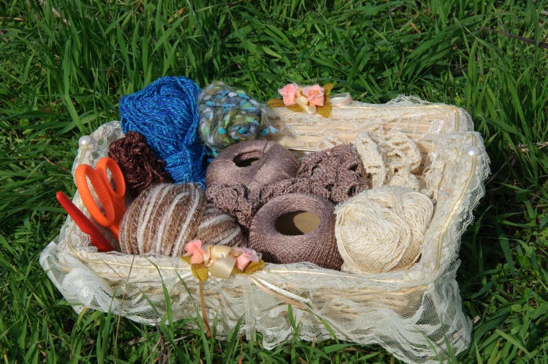 Knitting Yarn in Basket on Green Grass Stock Photo - Image of knitting ...