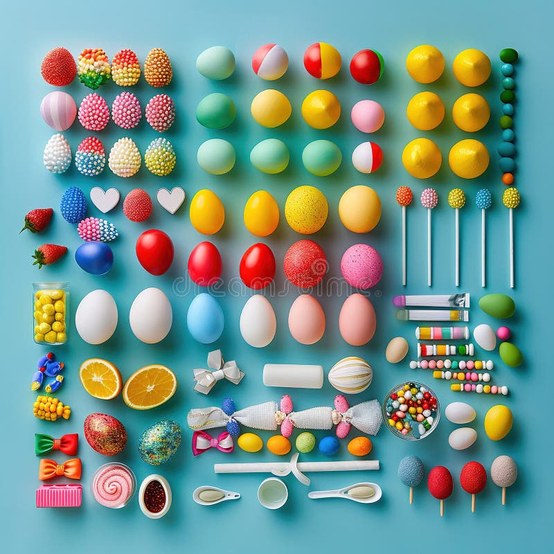 Knolling Colorful Easter Eggs and Other Easter Items. Easter Eggs and ...