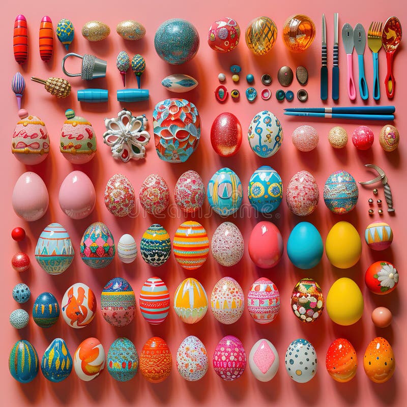 Knolling Colorful Easter Eggs and Other Easter Items. Easter Eggs and ...