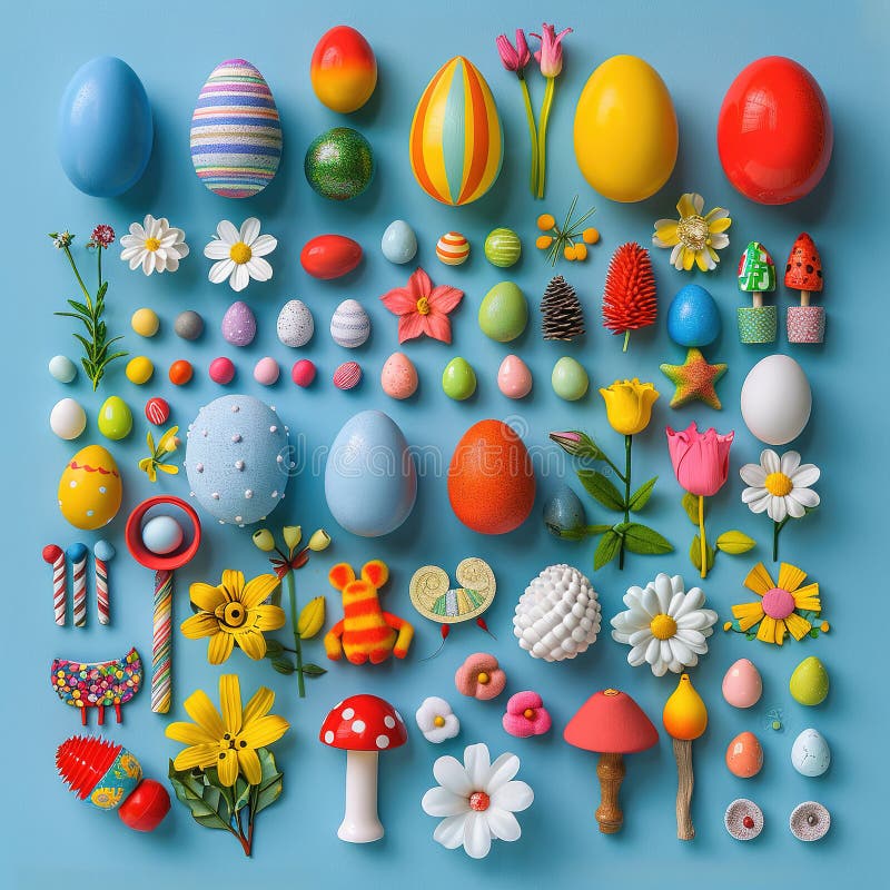 Knolling Colorful Easter Eggs and Other Easter Items. Easter Eggs and ...