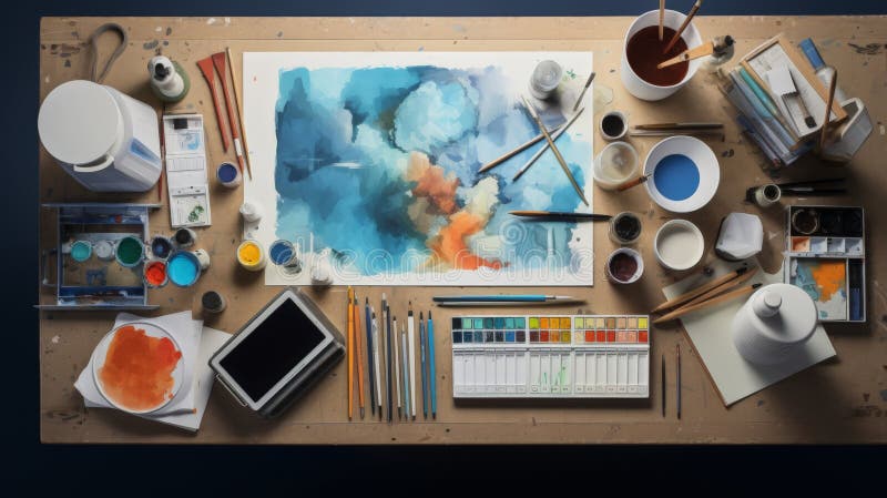 Knolling Picture Showing Drawing Equipment and Paper. Theme Colour is ...