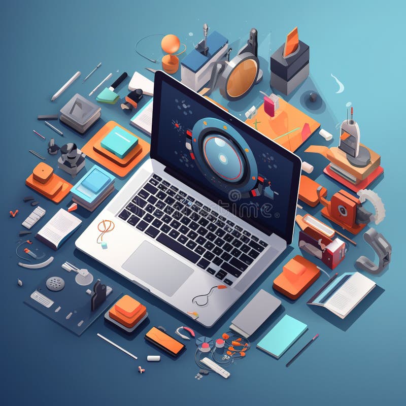 Knolling of Software Developer Tools Laptop in Center Light Background ...