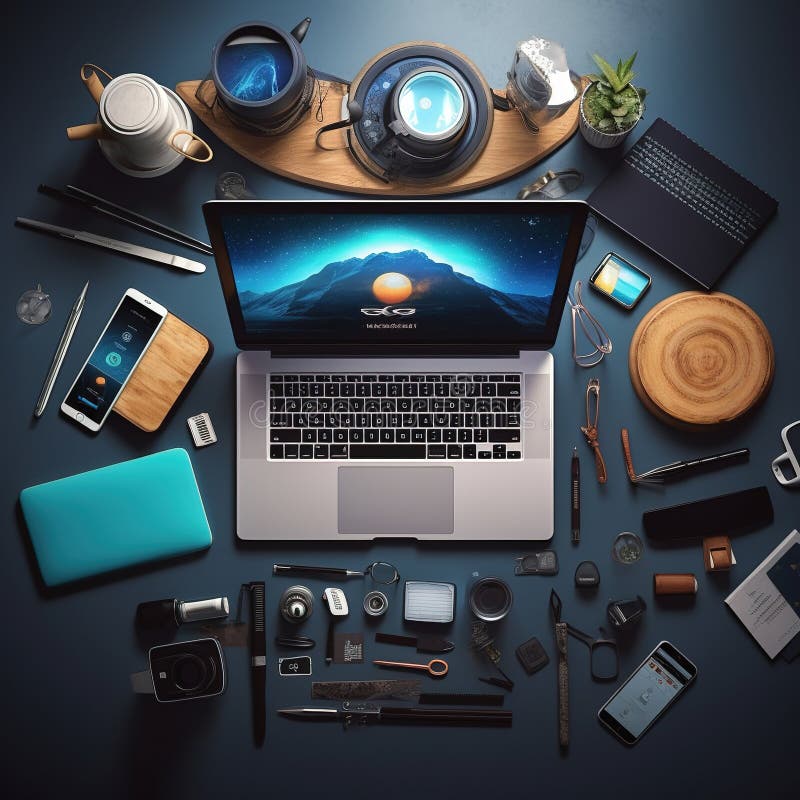 Knolling of Software Developer Tools Laptop in Center Light Background ...