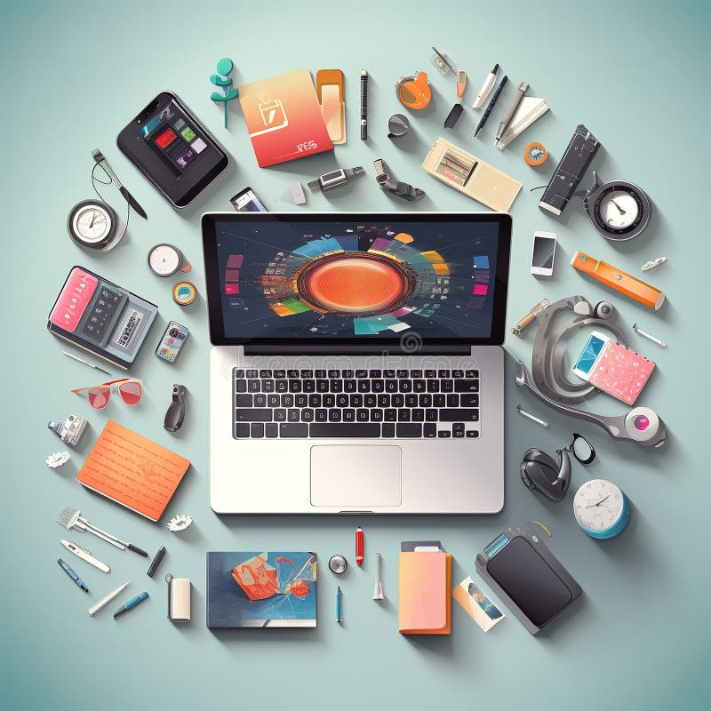 Knolling of Software Developer Tools Laptop in Center Light Background ...