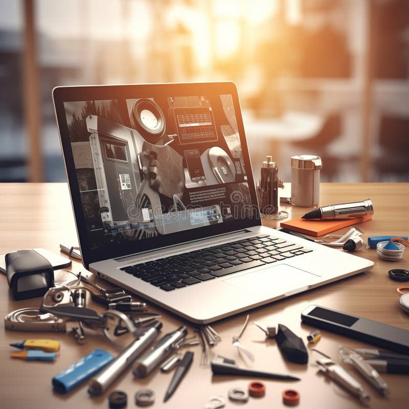 Knolling of Software Developer Tools Laptop in Center Light Background ...