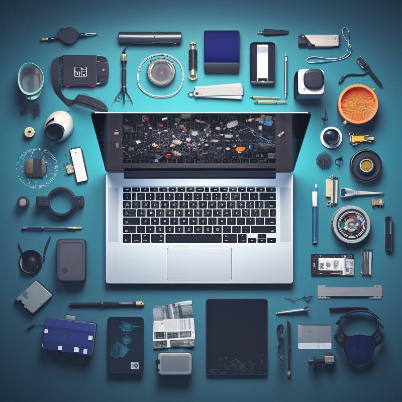 Knolling of Software Developer Tools Laptop in Center Light Background ...