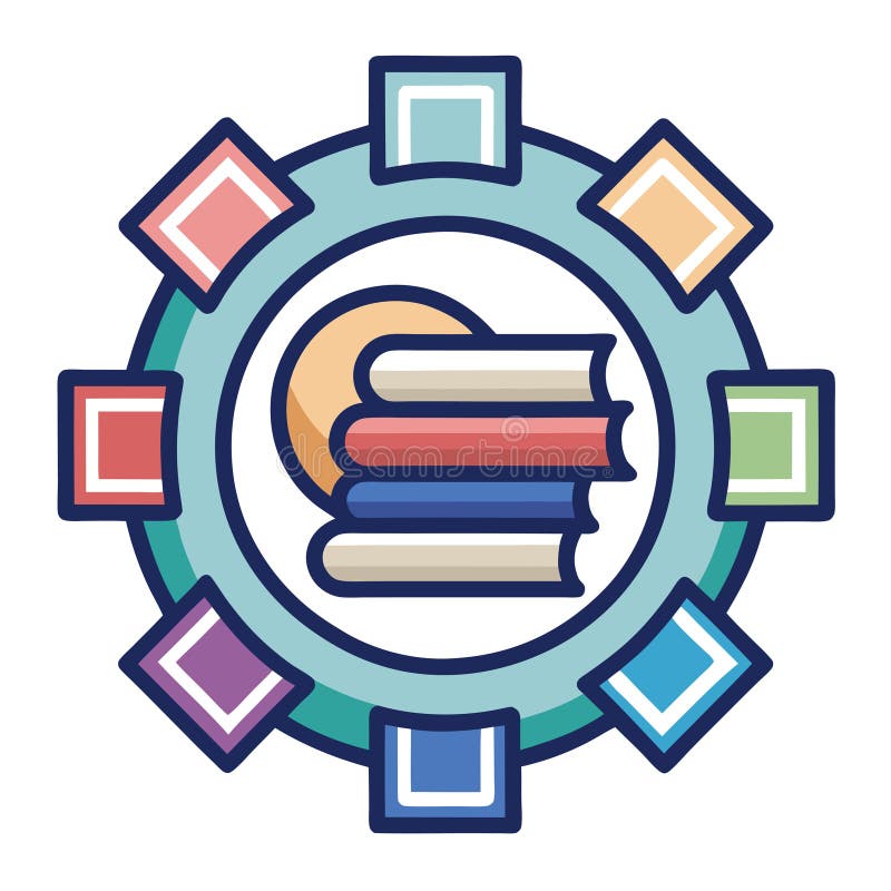 Knowledge Base Icon: Books Inside of a Gear with Colorful Labels. Stock ...