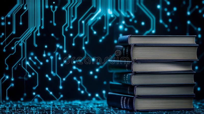Knowledge Circuits Books Stacked on a Circuit Board with Glowing Data Streams Stock Illustration ...