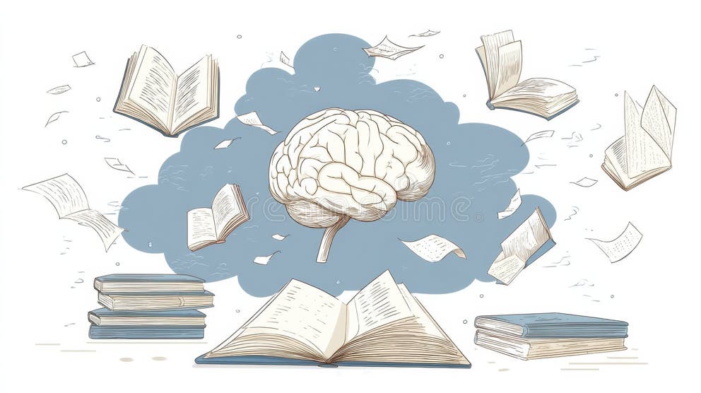 Knowledge Connection Illustrated through Brain, Books, and Flying Pages ...