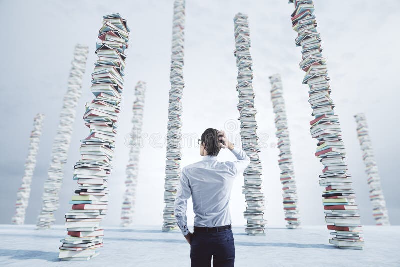 Knowledge and Education Concept with Pensive Man Back View Looking on ...