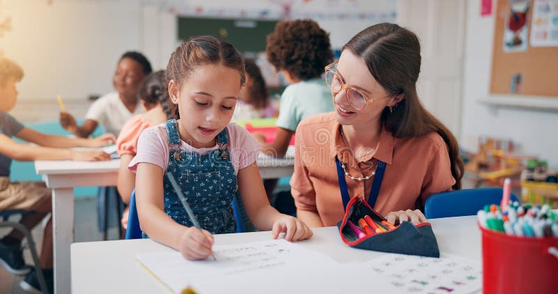 Knowledge, Girl or Teacher in Classroom, Help or Creativity with ...