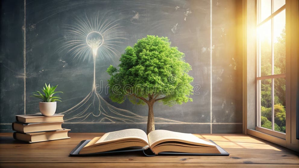 Knowledge Growth a Tree of Learning Emerging from an Open Book in a Sunlit Room. Generative AI ...