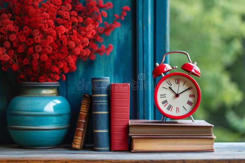 Knowledge Hour Red Clocks and Books, Representing a Time for Learning ...