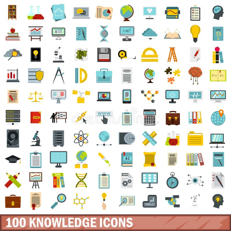 100 Knowledge Icons Set, Flat Style Stock Vector - Illustration of ...