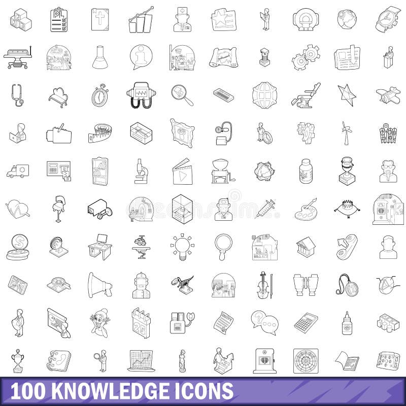100 Knowledge Icons Set, Outline Style Stock Vector - Illustration of ...