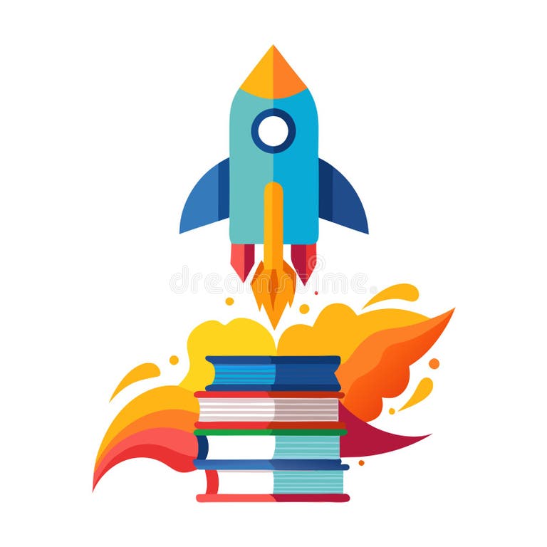 Knowledge Launch: Rocket Taking Off from Stack of Books Illustration ...