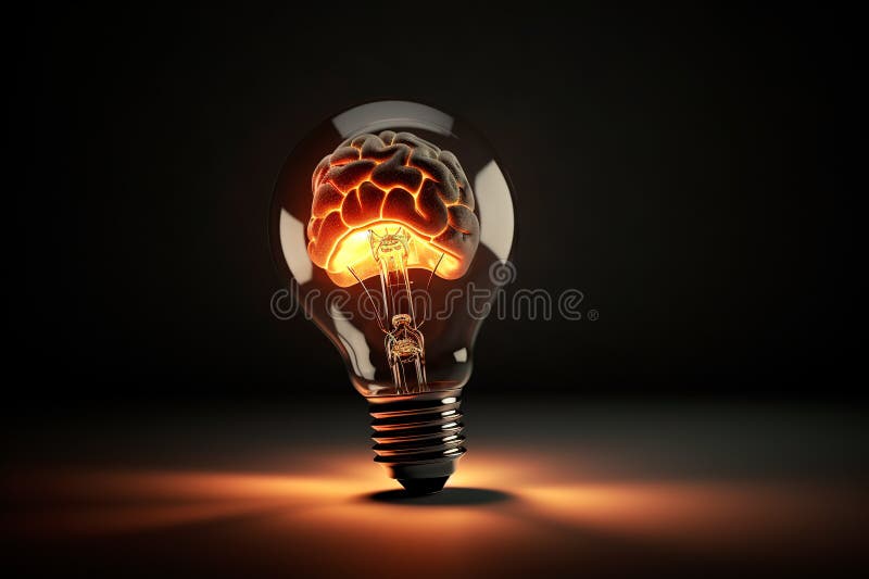 Knowledge is the Light. Burning Brain in Light Bulb in Total Darkness ...