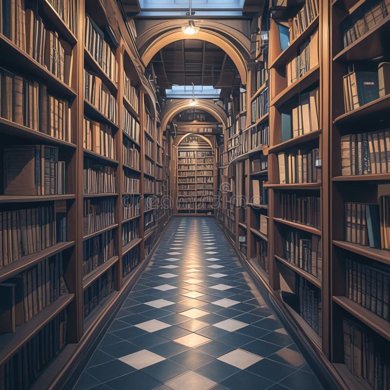 Knowledge Pathway Corridor among Bookcases in a Serene Library Setting ...
