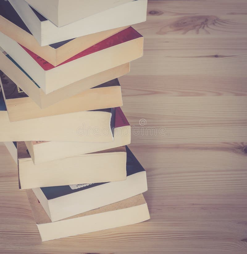 Knowledge and Science Concept: Stack of Books, Wooden Background Stock ...