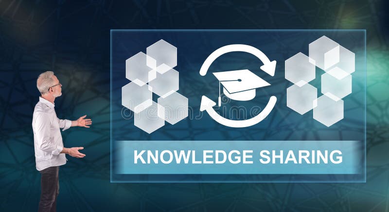 A Knowledge Sharing Concept Explained by a Businessman on a Wall Screen ...