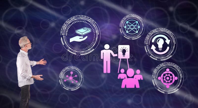 A Knowledge Sharing Concept Explained by a Businessman on a Wall Screen ...