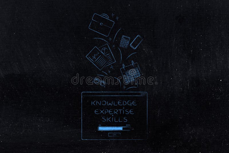 Knowledge Skills Expertise Loading Pop-up with Office Items Flying in ...