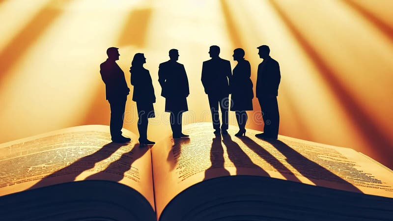 Knowledge Team Silhouetted Figures Atop an Open Book, Bathed in Golden ...
