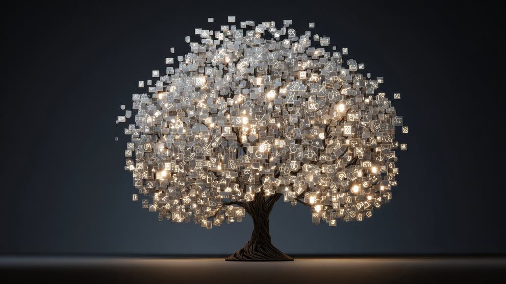 Knowledge Tree with Glowing Icon-Shaped Leaves Illuminating a Dark ...