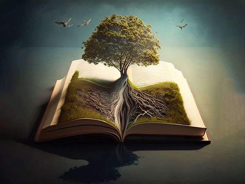 Knowledge Tree Growing from Open Book Pages Stock Illustration ...