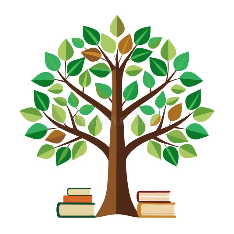Knowledge Tree Vector Illustration with Books and Colorful Leaves on ...