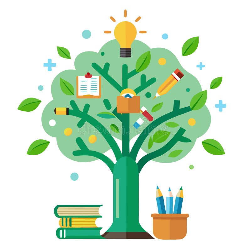 Knowledge Tree Vector Illustration: Books, Pencil, Lightbulb, Clipboard ...