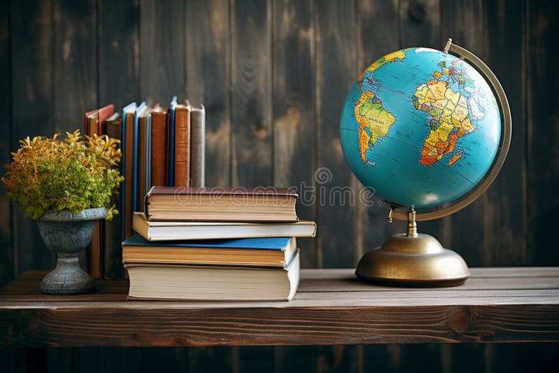 Knowledge Worldwide Earth Globe Paired with a Stack of Books Stock ...
