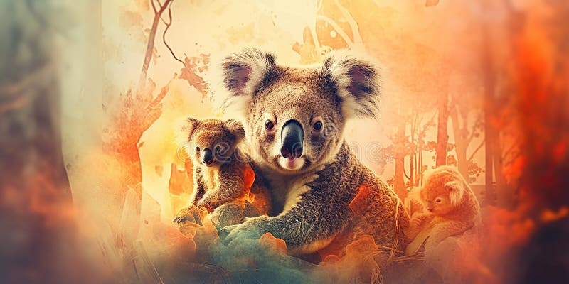 Koala Animals and Forest Fire in the Style of Double Exposure, Concept ...