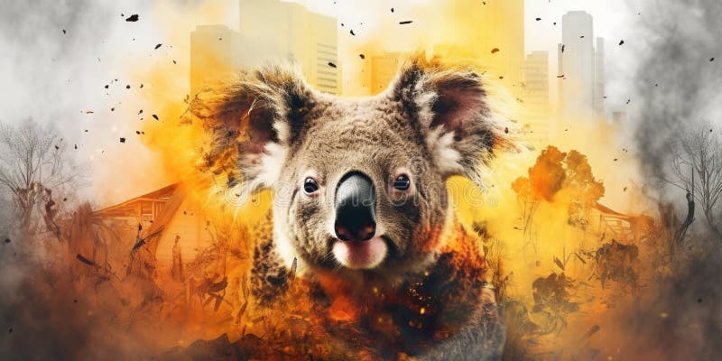 Koala Animals and Forest Fire in the Style of Double Exposure, Concept ...