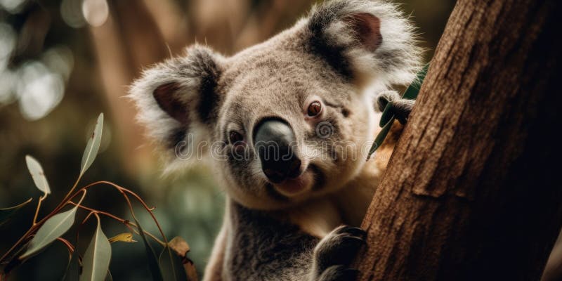 A Koala Bear Climbing an Eucalyptus Tree in a Forest. AI Generative ...