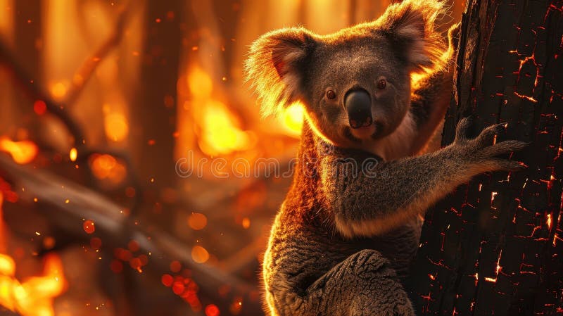 Koala Bear Clings To a Tree Amidst a Devastating Forest Fire in ...