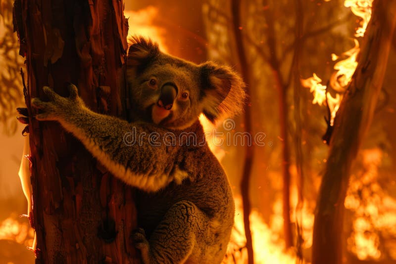 A Koala Bear Clings To a Tree during a Forest Fire in Australia ...