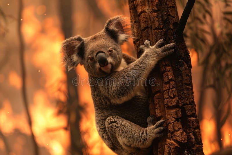 A Koala Bear Clings To a Tree during a Forest Fire in Australia ...
