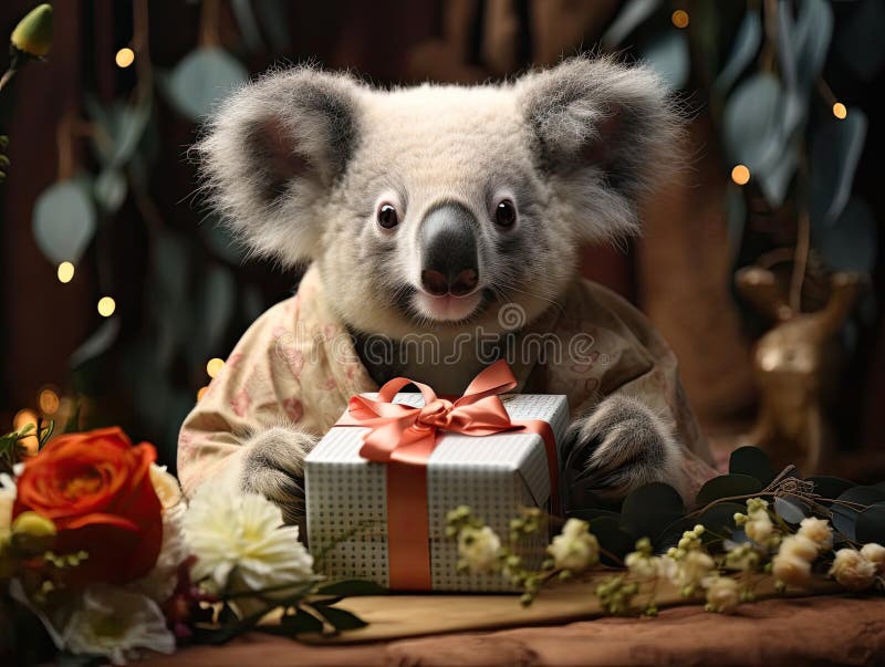 Koala Bear with Gift Box and Camera Stock Illustration - Illustration ...