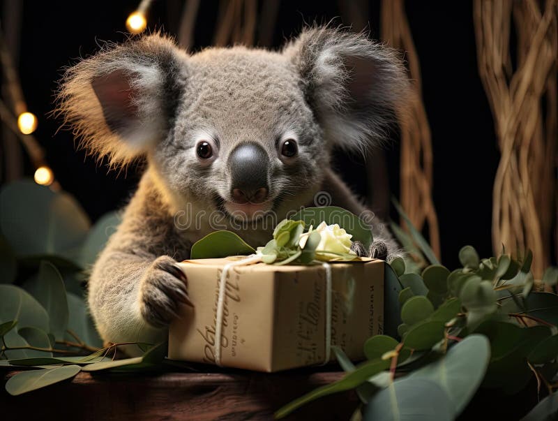 Koala Bear with Gift Box and Camera Stock Illustration - Illustration ...