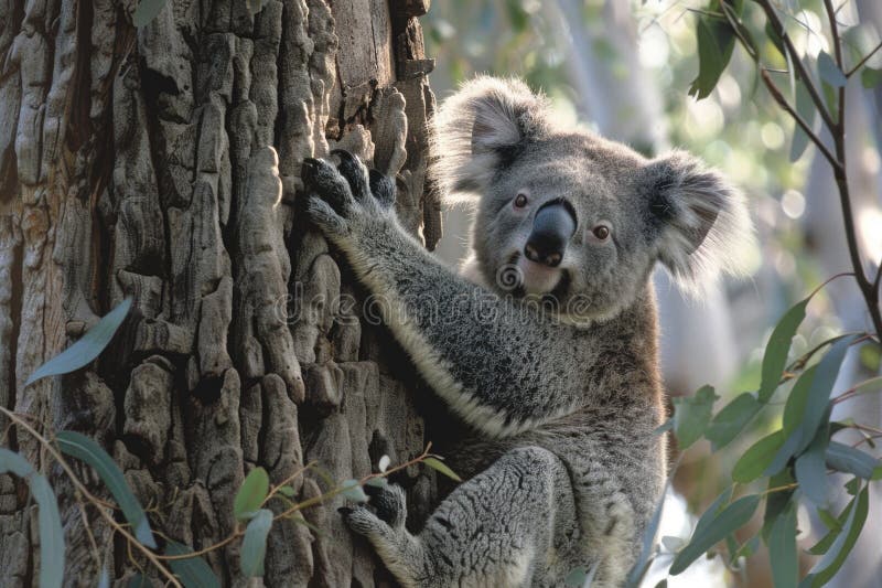 Koala Bear Holding Onto a Tree in a Forest, Looking at the Camera. Ai ...