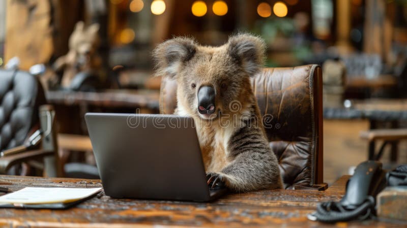 A Koala Bear Sitting at a Desk with Laptop Computer, AI Stock Image ...