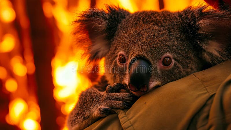 A Koala Bear is Sitting on a Person S Lap in Front of a Fire Stock ...