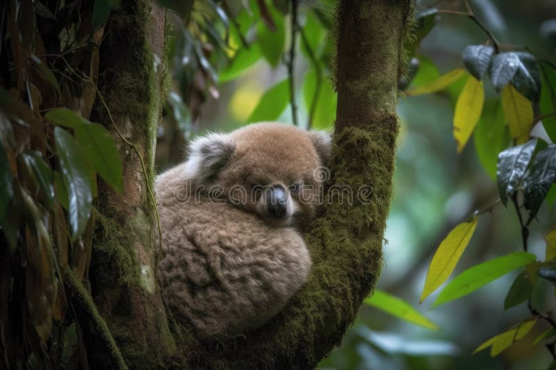 Koala Bear Snuggled in Warm and Cozy Tree Branch, with View of the Lush ...