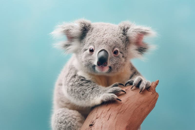 Koala Bear on Tree Branch in Front of Blue Background Stock ...