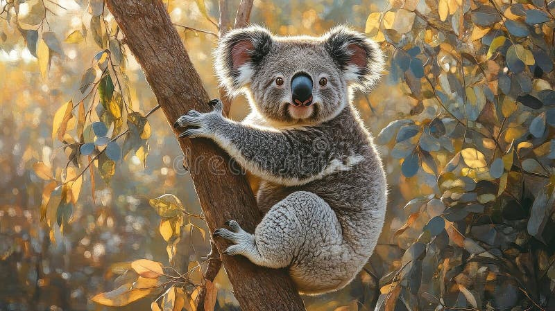 Koala Climbing Tree in Golden Light Stock Illustration - Illustration ...