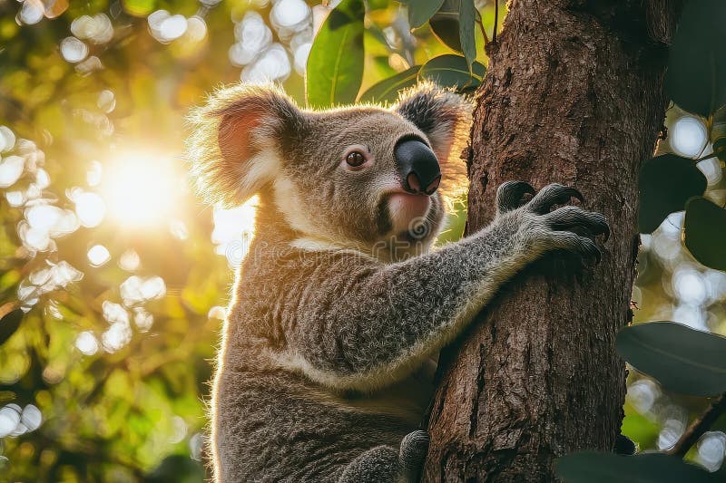 Koala Climbing Tree with Golden Sunlight Stock Illustration ...