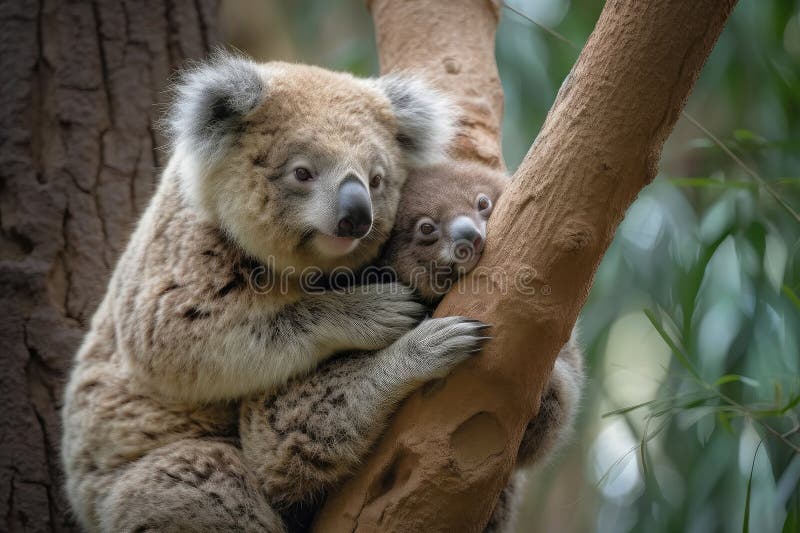 Koala Clinging To Its Mother S Back while they Climb the Tree Stock ...