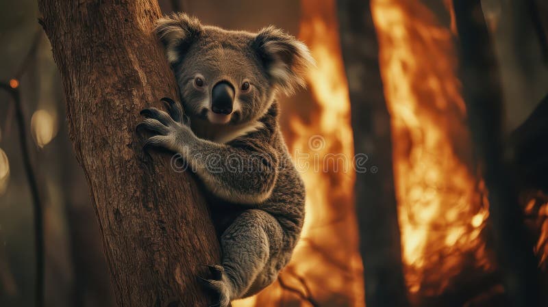 Koala Clinging To Tree Amidst Wildfire Blaze Stock Image - Image of ...
